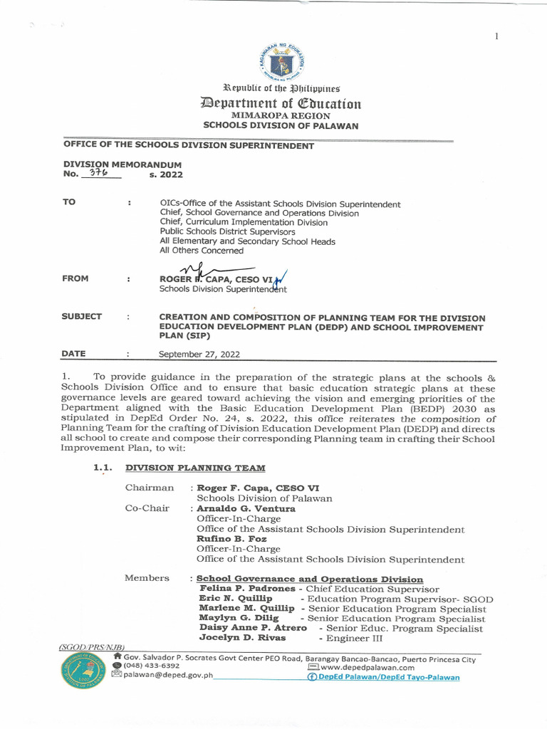 DM No. 376 S. 2022 Creation and Composition of Planning Team For The ...