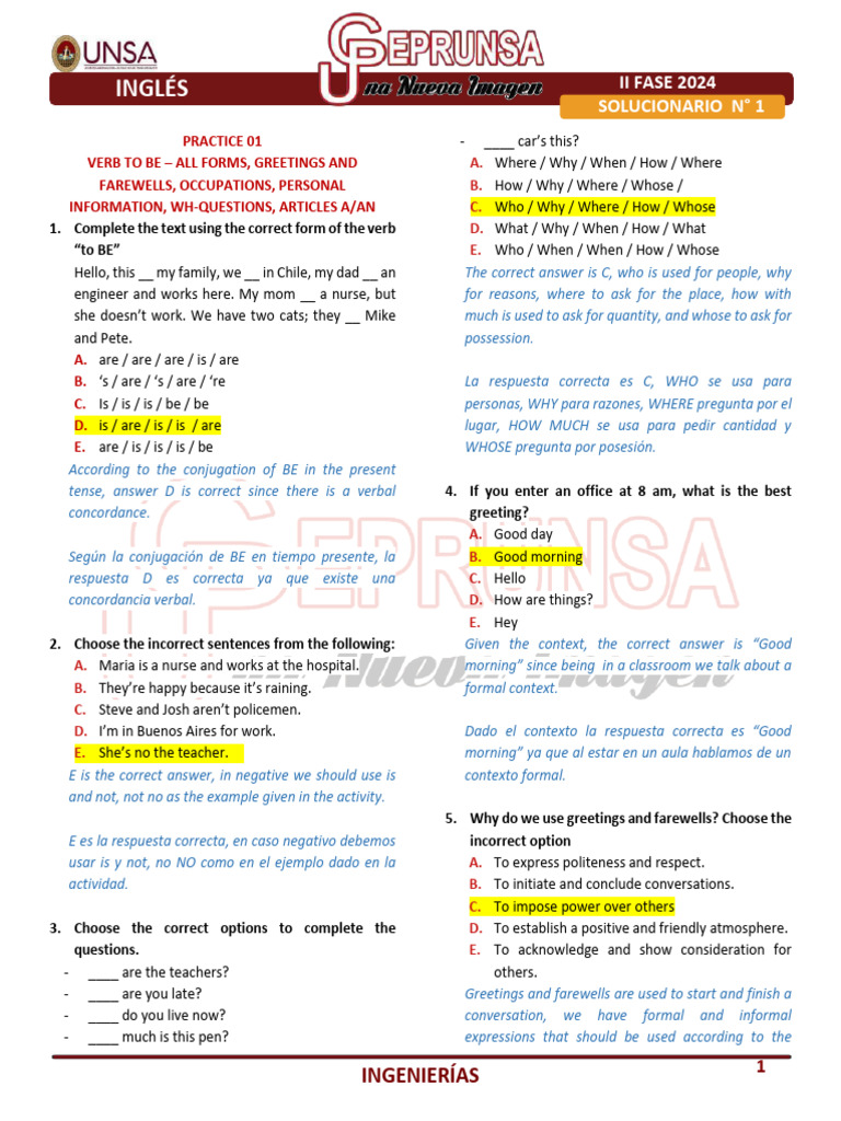 Solucionario Ingles 1 | PDF