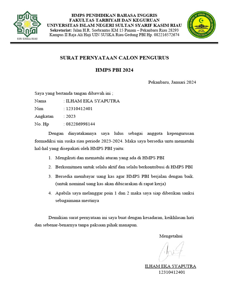 Surat Pernyataan Calon Pengurus Hmps Pbi 2024 | PDF