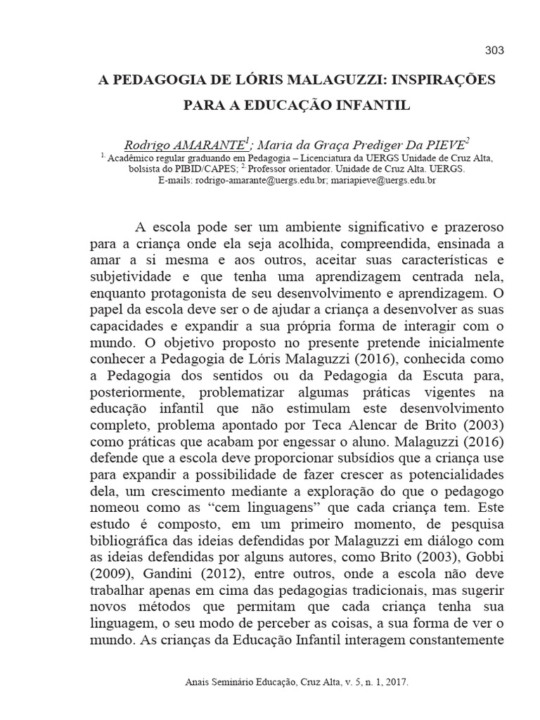A Pedagogia de Lóris Malaguzzi Inspirações | PDF | Pedagogia | Pré-escola A Pedagogia de Lóris Malaguzzi Inspirações | PDF | Pedagogia | Pré-escola