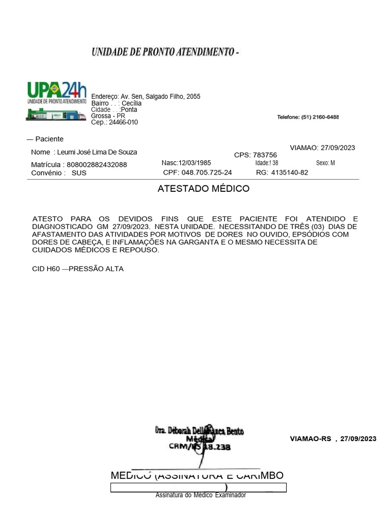 Atestado Médico com Assinatura e Carimbo | PDF