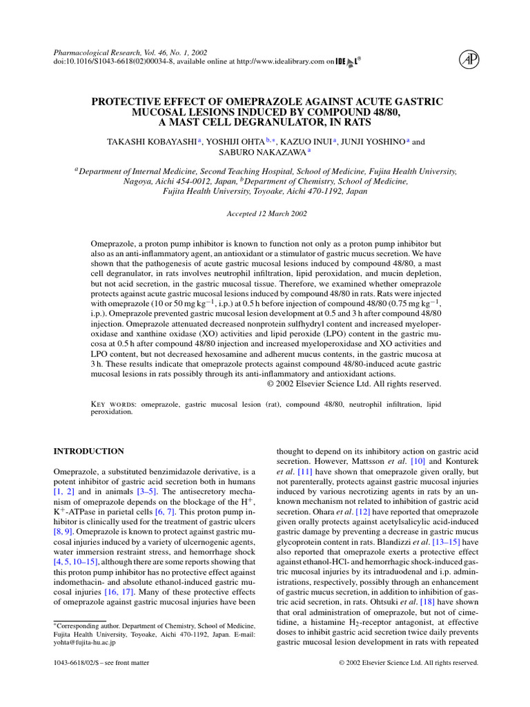 Protective Effect of Omeprazole Against Acute Gastric Mucosal Lesions Induced by Compound 48/80 ...