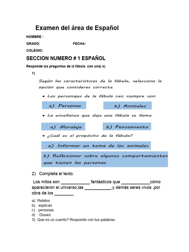 Examen Del Área de Español Grado Segundo | PDF