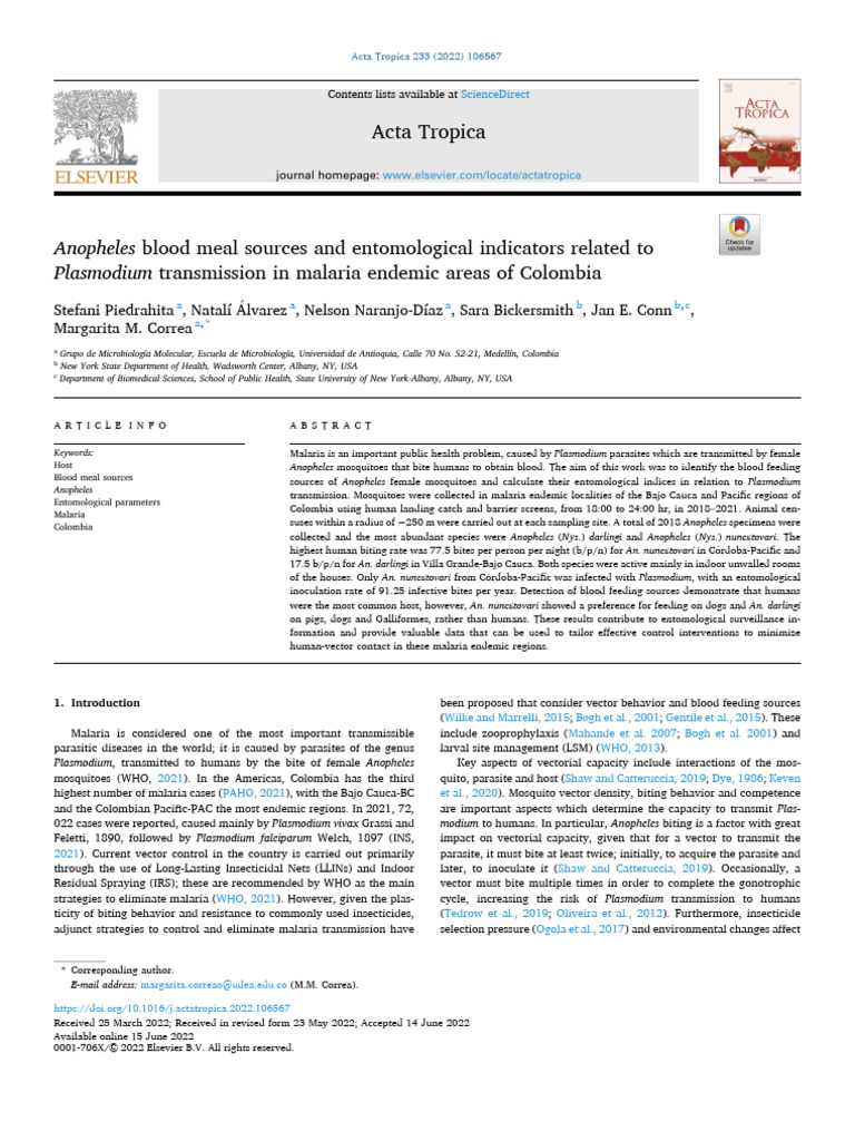 Anopheles Blood Meal Sources and Entomological Indicators Related To ...