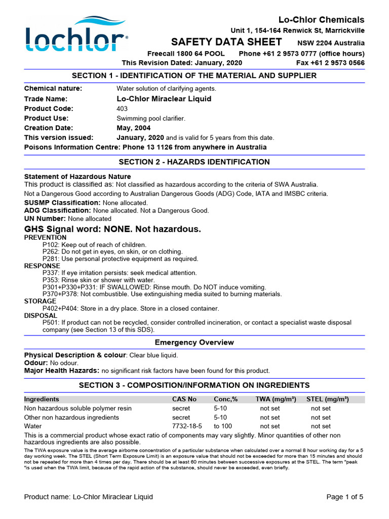 Lo-Chlor Miraclear Liquid SDS | PDF | Water | Personal Protective Equipment