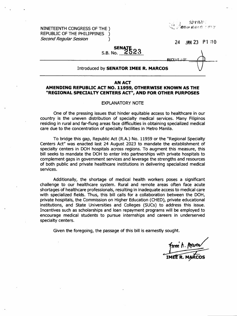SB 2523 An Act Amending Republic Act No. 11959, Otherwise Known As The Regional Specialty ...