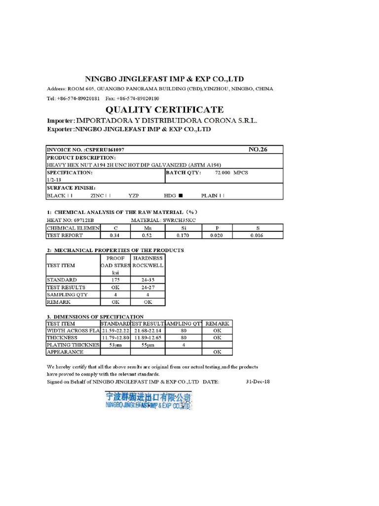Certificado Tuerca Hexagonal 0.5in - A194 | PDF