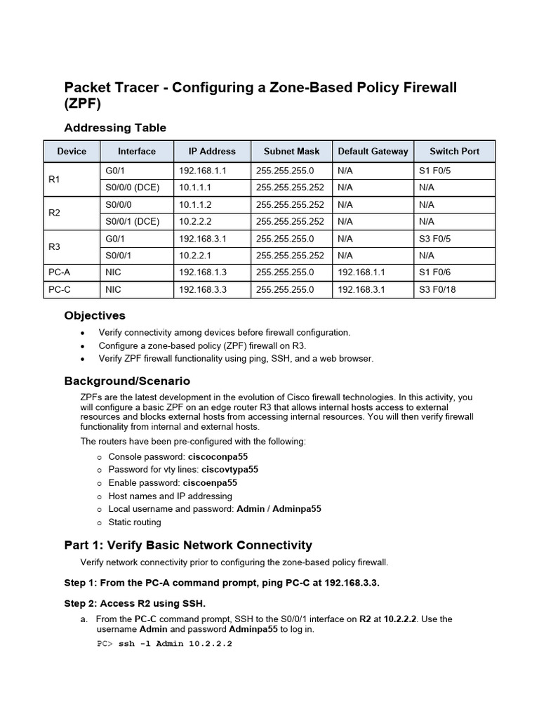 CCNP Packet Tracer - Configuring A Zone-Based Policy Firewall (ZPF) | PDF | Router (Computing ...