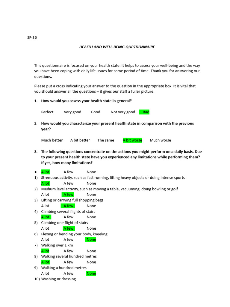 HEALTH AND WELL-BEING QUESTIONNAIRE - SF36 - Engl | PDF | Feeling ...