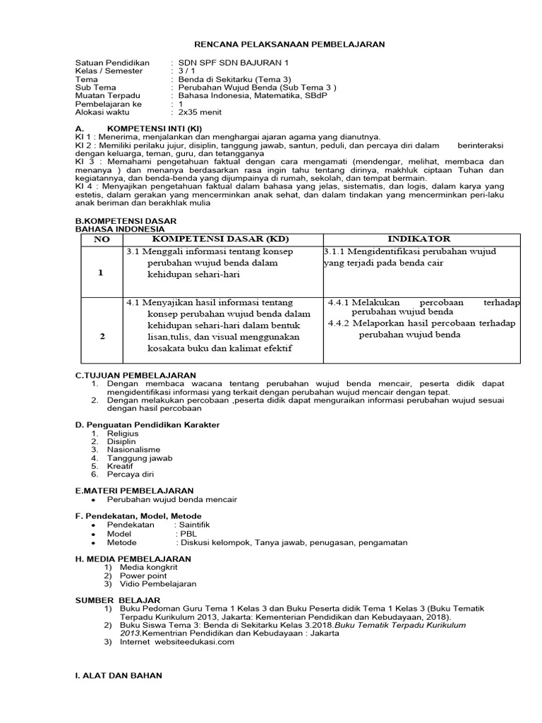 RPP Tema 3 Perubahan Wujud | PDF