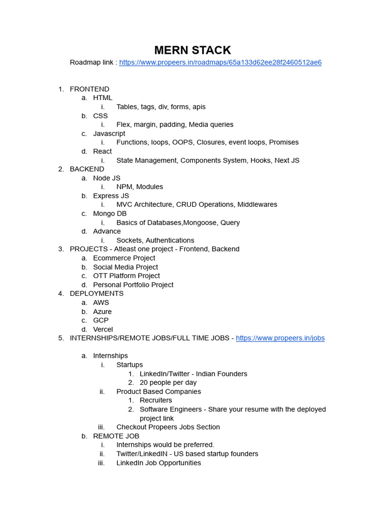 MERN Stack Developer Roadmap | PDF