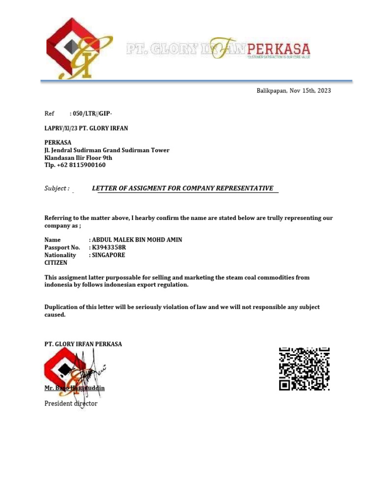 Letter of Assigment MR. ABDUL MALEK BIN MOHD AMIN | PDF | Business