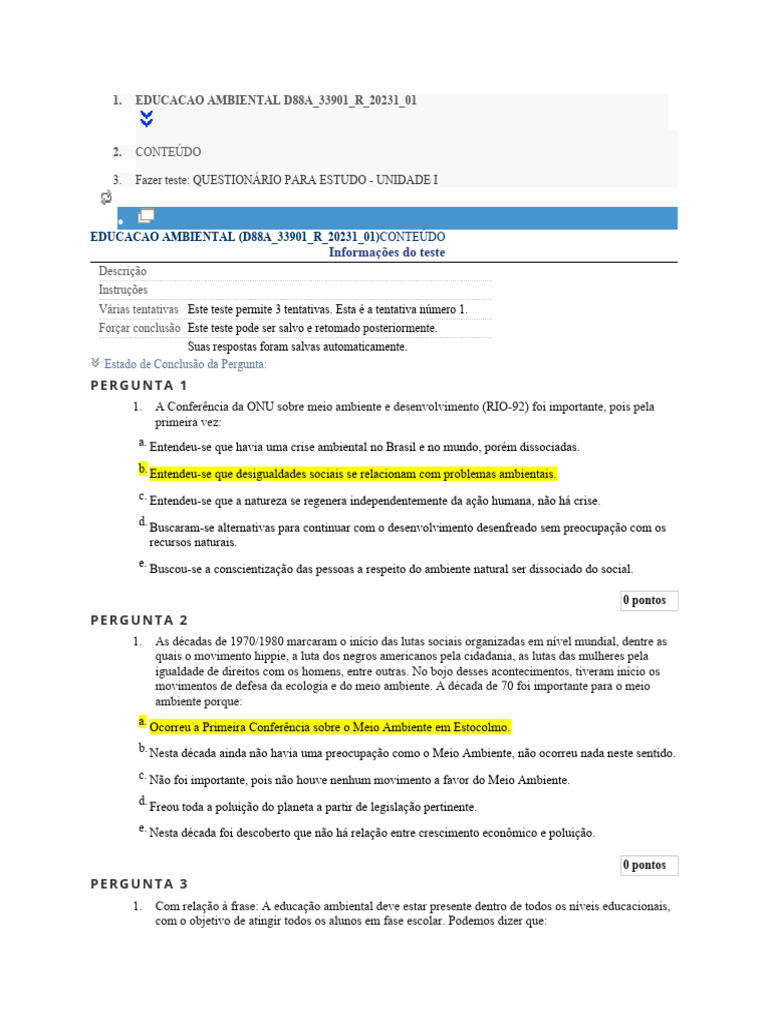 EDUCACAO AMBIENTAL - Exercícios Modulo I | PDF | Ambiente natural