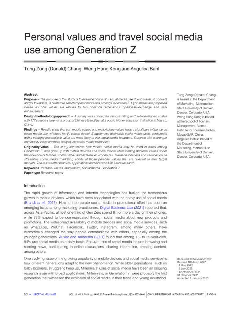 Personal Values and Travel Social Media Use Among Generation Z ...