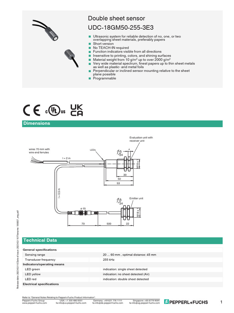 Double Sheet Sensor UDC-18GM50-255-3E3: Dimensions | PDF | Electrical ...