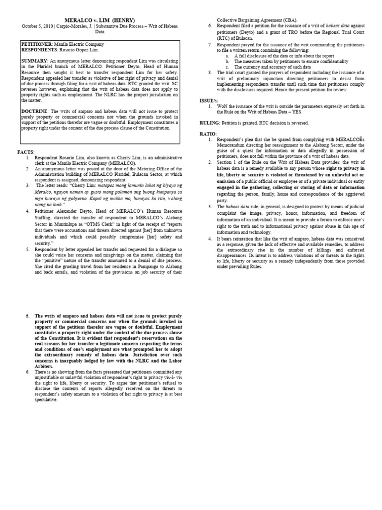 MERALCO v. LIM | PDF | Habeas Corpus | Writ