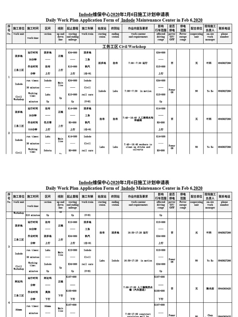 2020年2月6日施工日计划申请表 英多得 Daily Work Plan Applicant Pdf