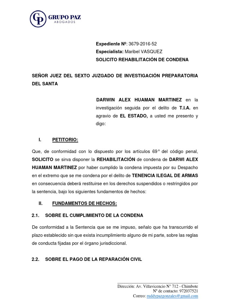 Solicito Rehabilitación de Condena | PDF | Sentencia (ley) | Castigos