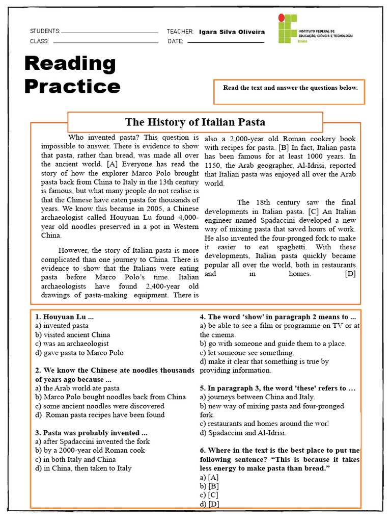 Reading Practice - The story of pasta | PDF | Pasta | Noodle