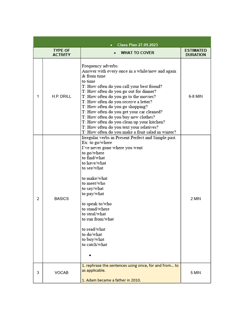 Class Plan | PDF | Linguistics | Grammar