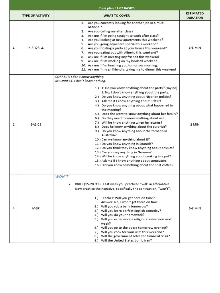 Class Plan 01.17.2024 | PDF