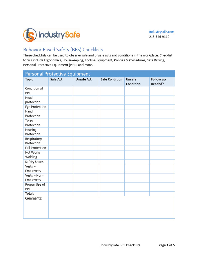 Behavior Based Safety Checklist | PDF | Personal Protective Equipment ...