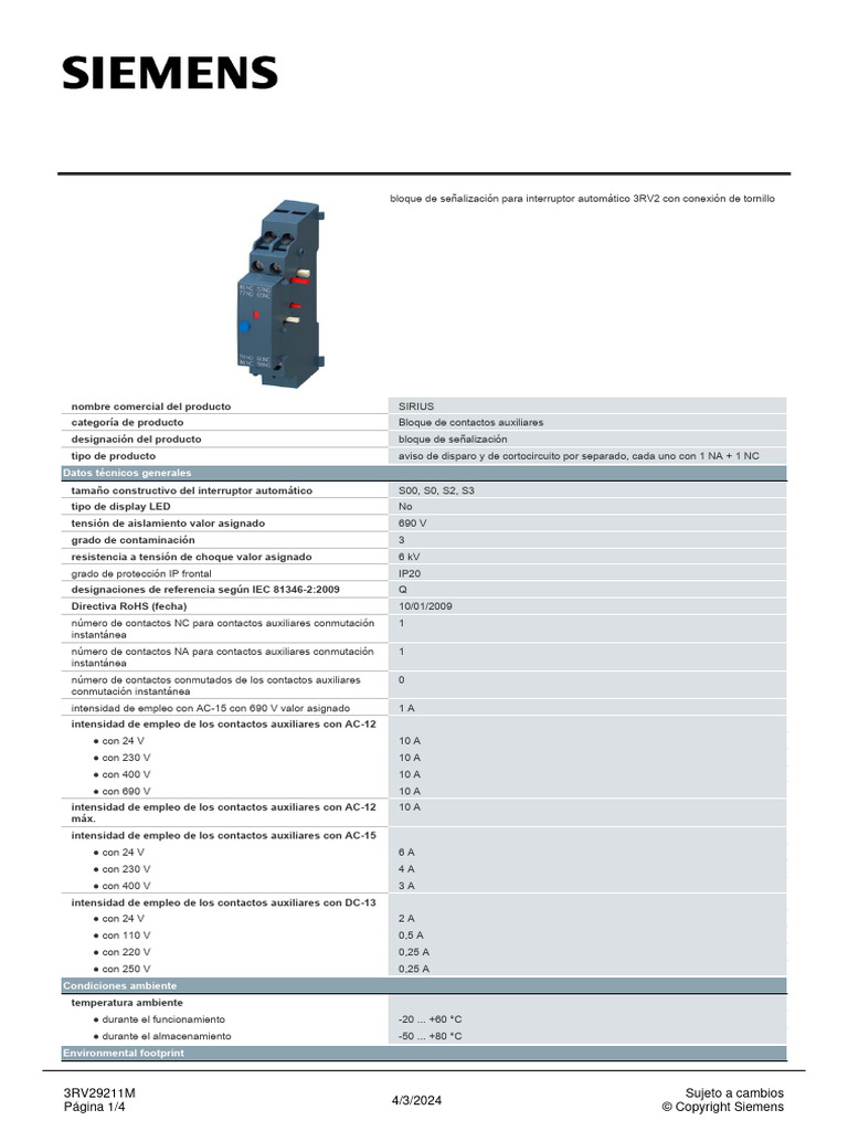 3RV29211M Datasheet Es | Descargar gratis PDF | Electricidad | Ingenieria Eléctrica