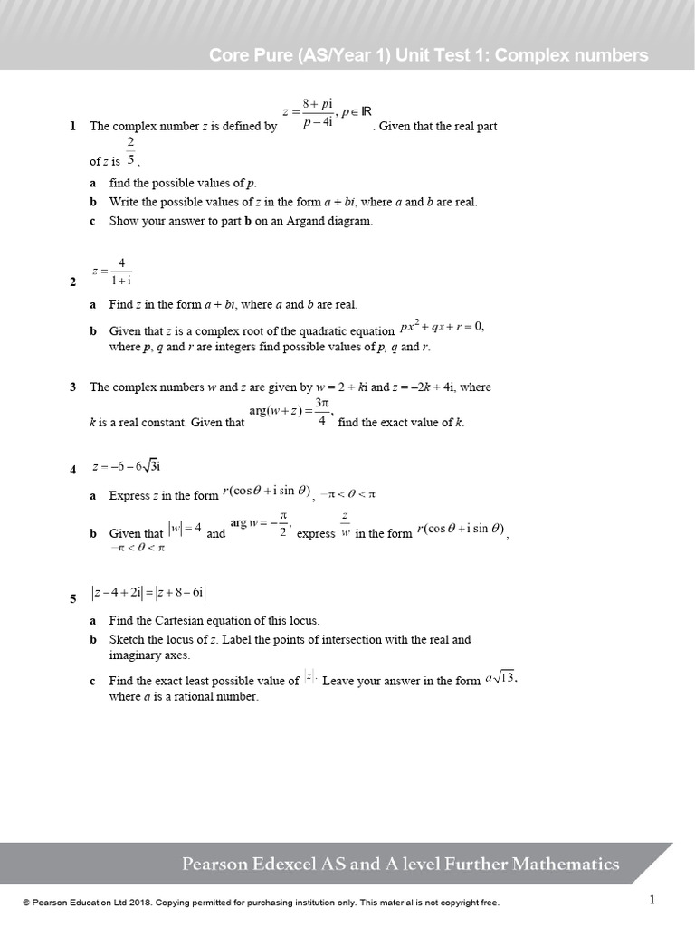 5fe2369c8de6694ea87f2215 - Core Pure Unit Test 1 Complex Numbers | PDF