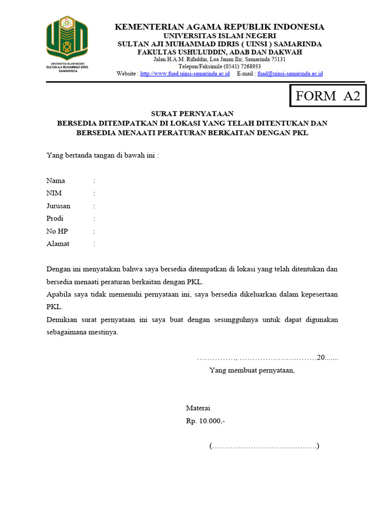 Form A2 Surat Pernyataan PKL | PDF