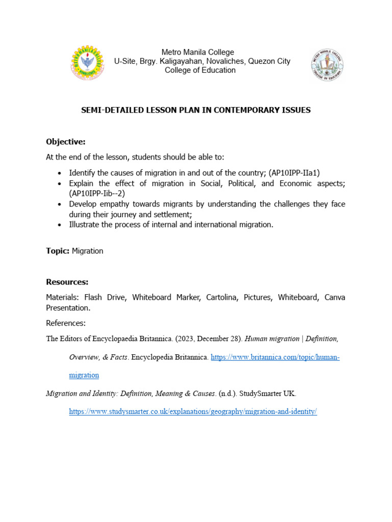 Lesson Plan in Migration (Final) | PDF | Human Migration | Migrant Worker