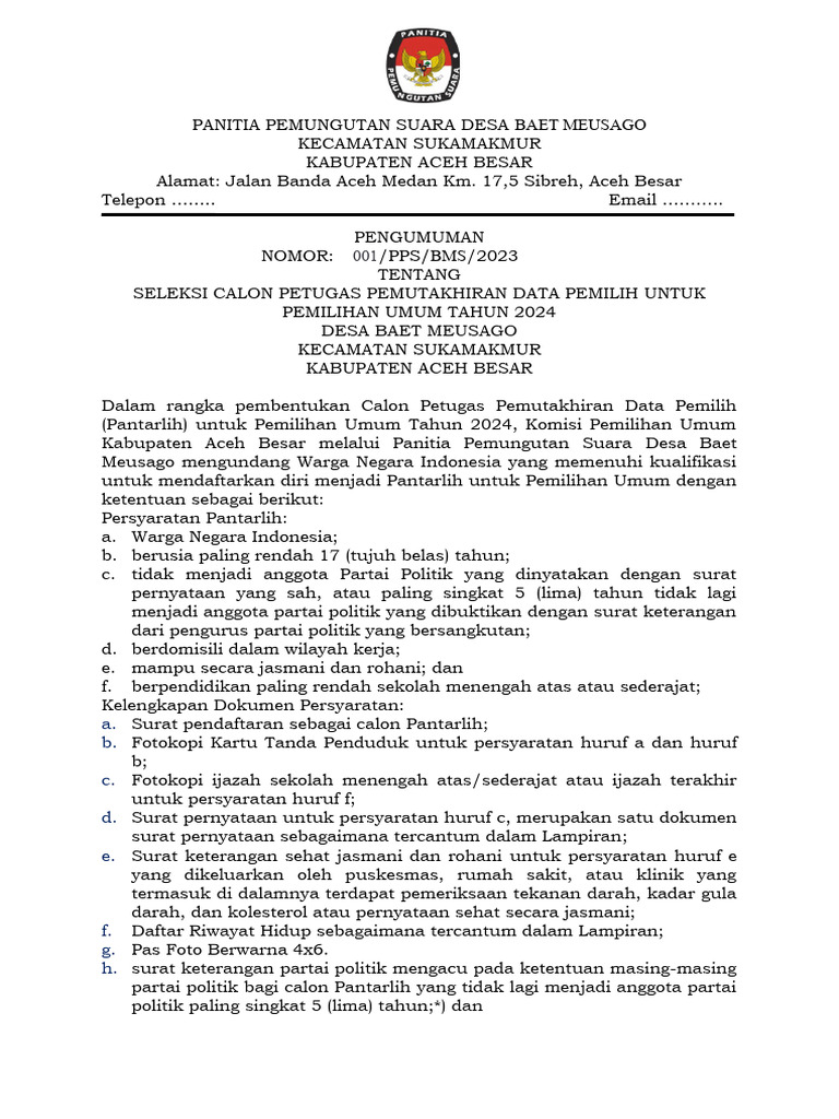 Format Pengumuman-Formulir-berita Acara Pembentukan Pantarlih Bms | PDF