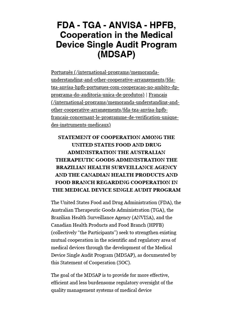FDA - TGA - ANVISA - HPFB, Cooperation in The Medical Device Single ...