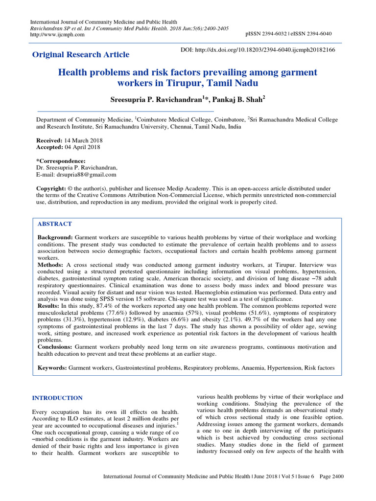 Health Problems and Risk Factors Prevailing Among Garment Workers in ...