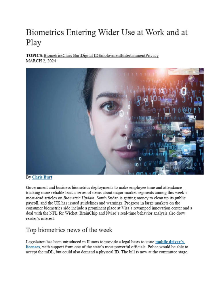 Biometrics Entering Wider Use at Work and at Play | PDF | Biometrics ...