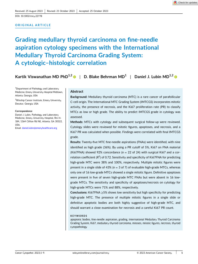 Cancer Cytopathology - 2023 - Viswanathan - Grading medullary thyroid ...