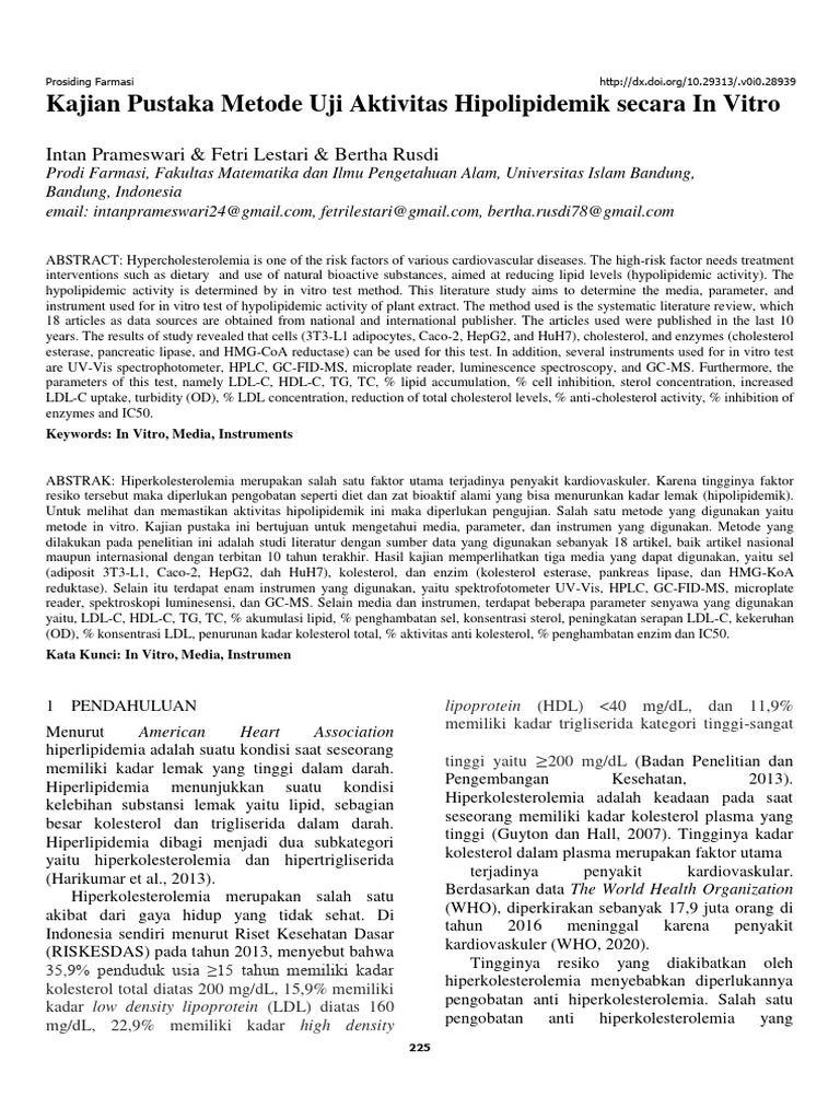 Kajian Pustaka Metode Uji Aktivitas Hipolipidemik Secara in Vitro | PDF