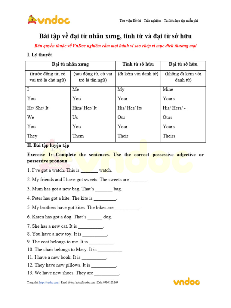 Bai Tap Ve Dai Tu Nhan Xung Tinh Tu Va Dai Tu So Huu | PDF | Language Arts & Discipline