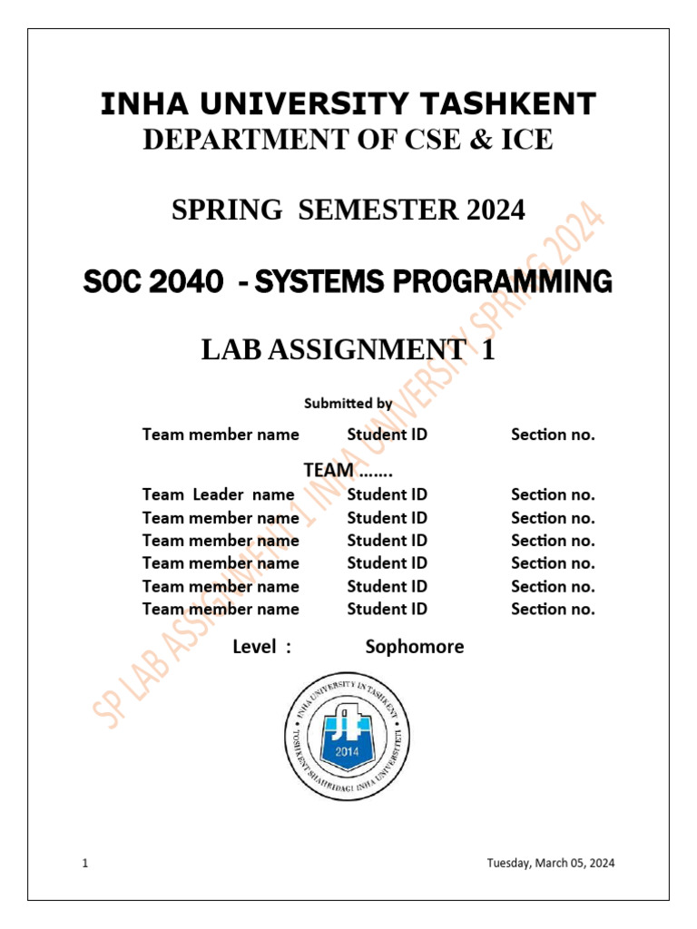 Soc 2040 - Systems Programming: Inha University Tashkent Department of Cse & Ice Spring Semester ...