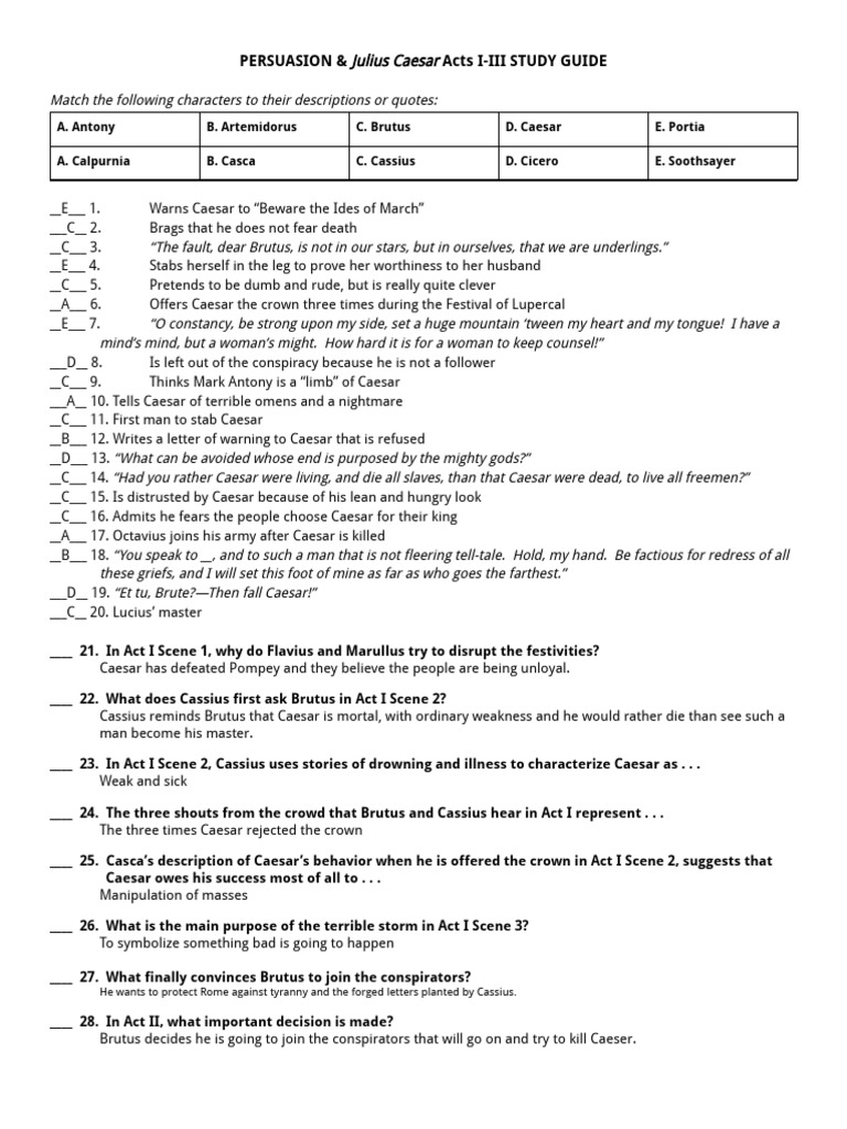 Julius Caesar (& Persuasion) Act 1-3 Study Guide | PDF | Julius Caesar | Mark Antony