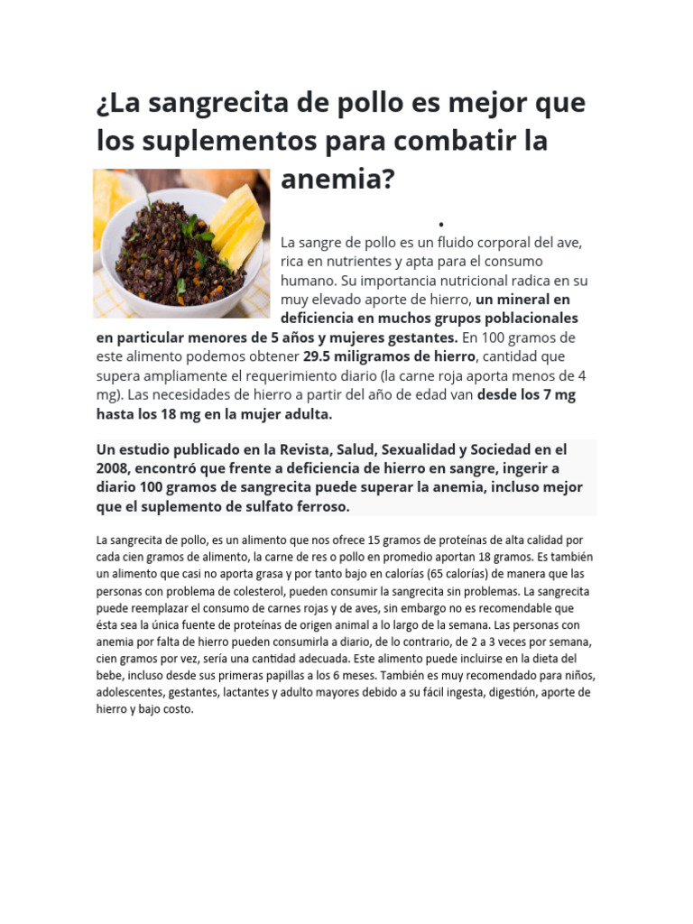 La Sangrecita de Pollo Es Mejor Que Los Suplementos para Combatir La Anemia | PDF | Alimentos ...
