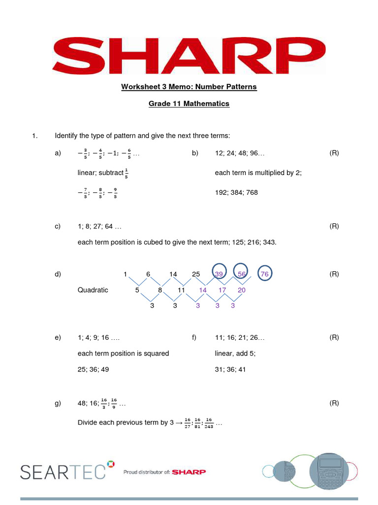 Worksheet 3 Memorandum Number Patterns Grade 11 Mathematics | PDF ...