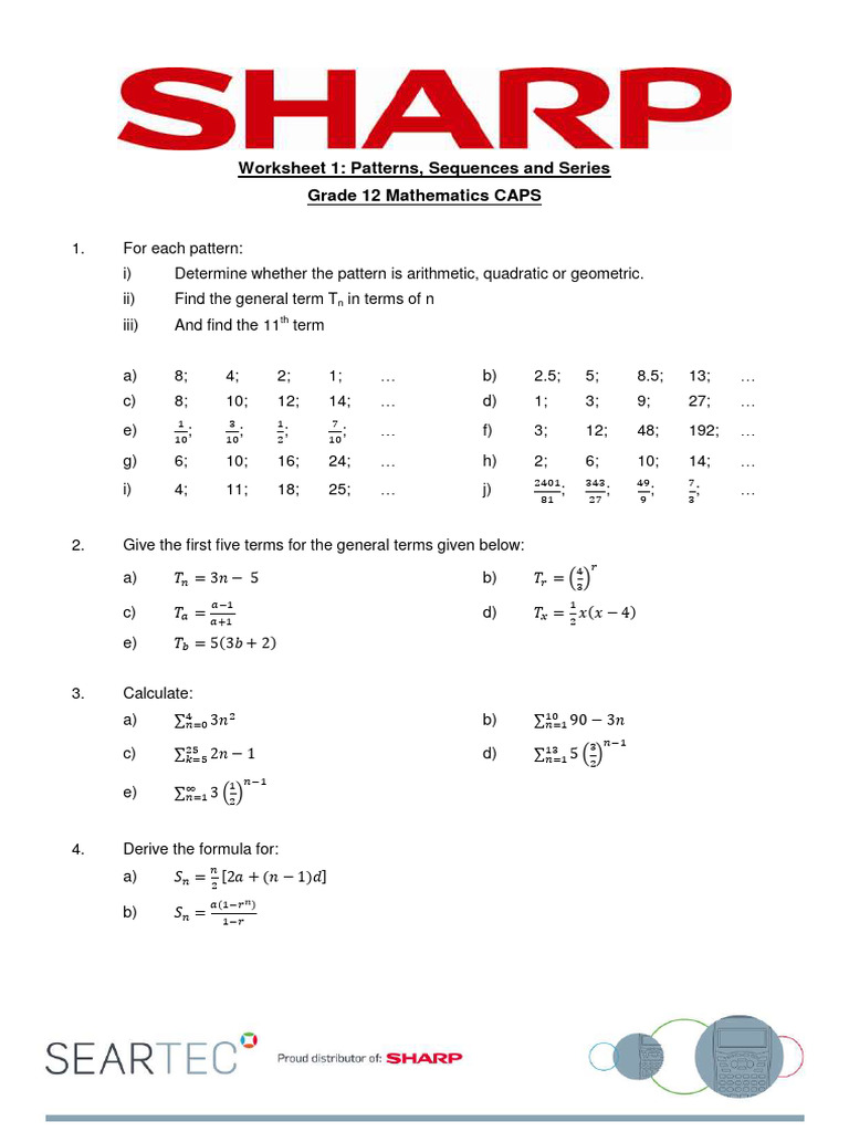 Worksheet 1 - Patterns Sequences and Series Grade 12 Maths | PDF ...