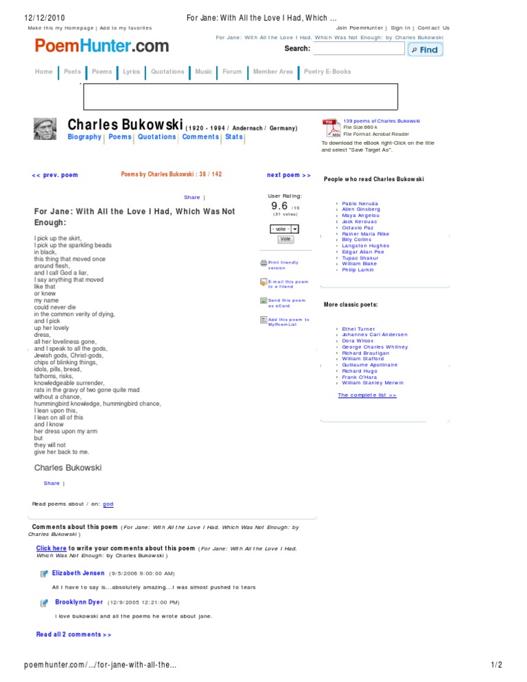 For Jane - With All The Love I Had, Which Was Not Enough - by Charles ...