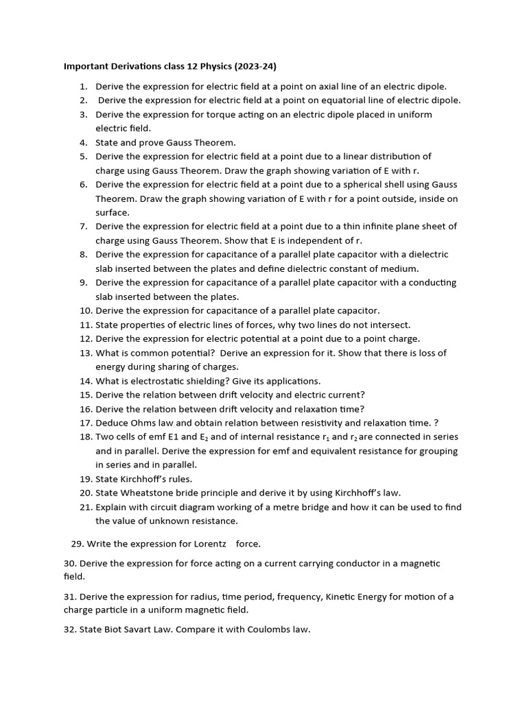 Important Derivations Class 12 Physics (Term 1) | PDF | Inductance | Magnetic Field