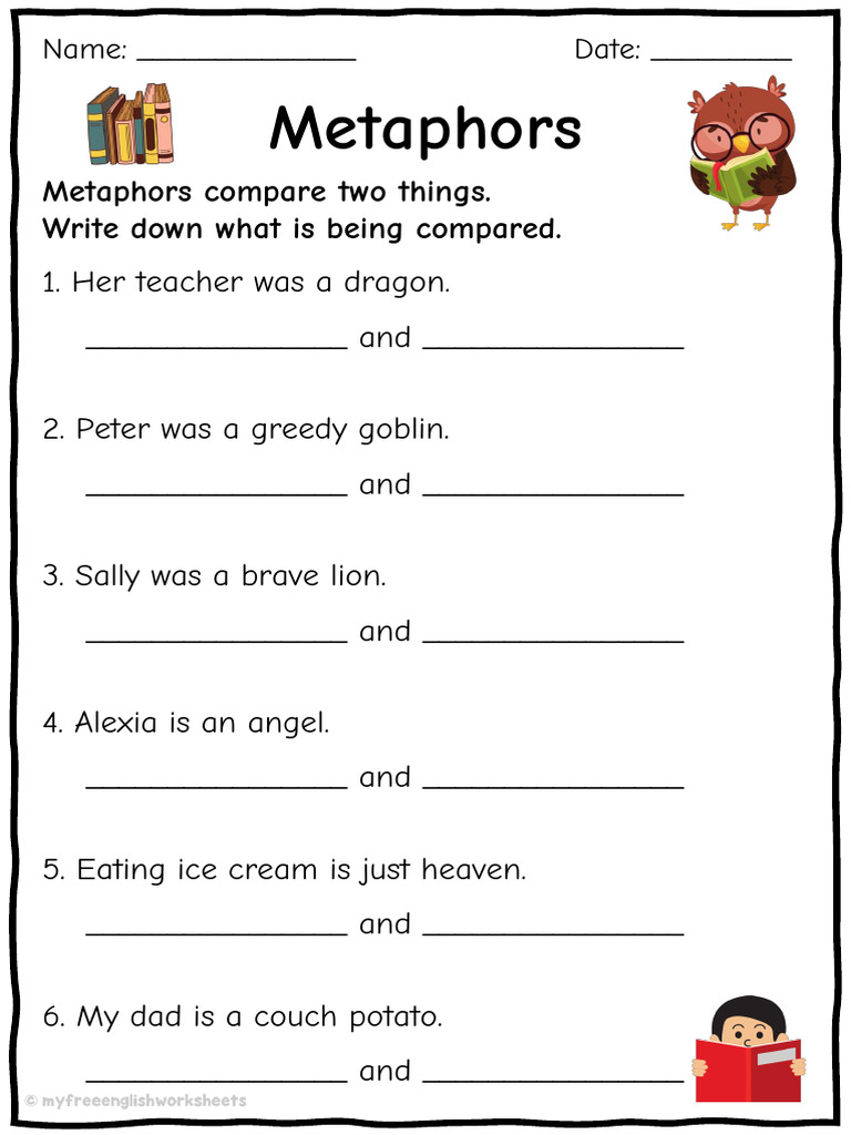 Metaphor Comparison Worksheet for Kids | PDF
