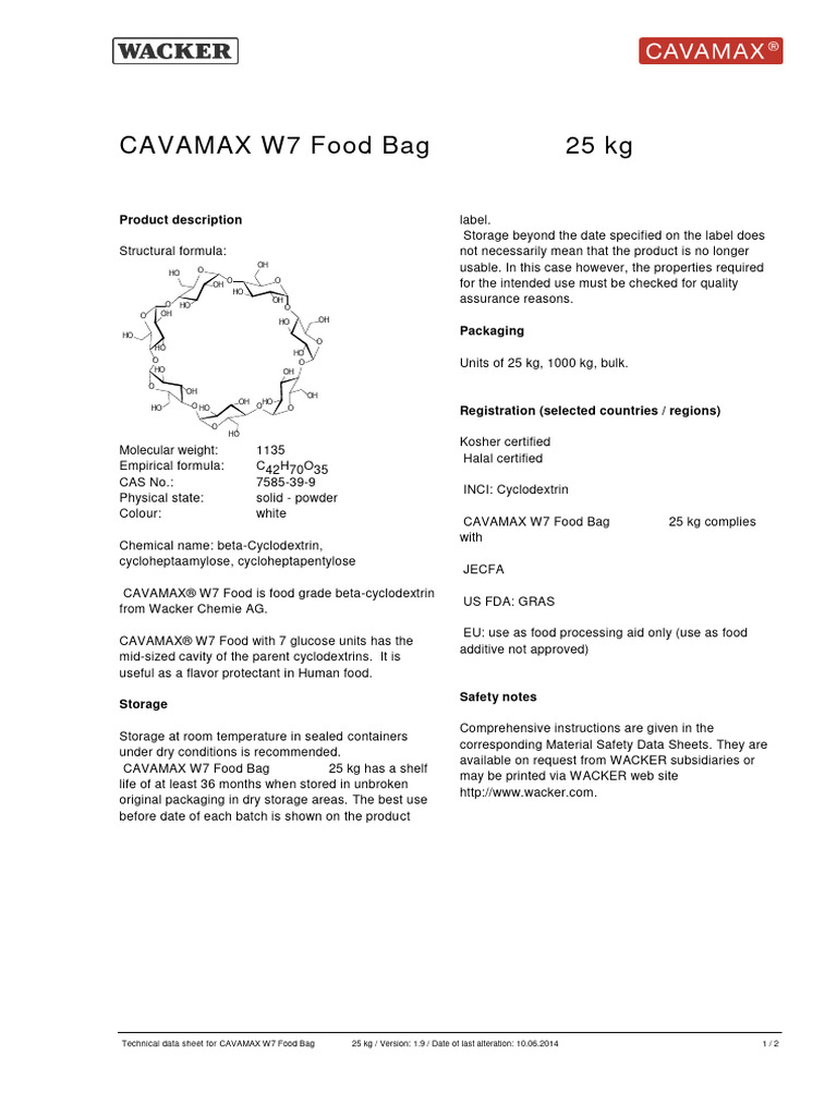 Cavamax W7 Food TDS | PDF | Physical Sciences | Chemistry