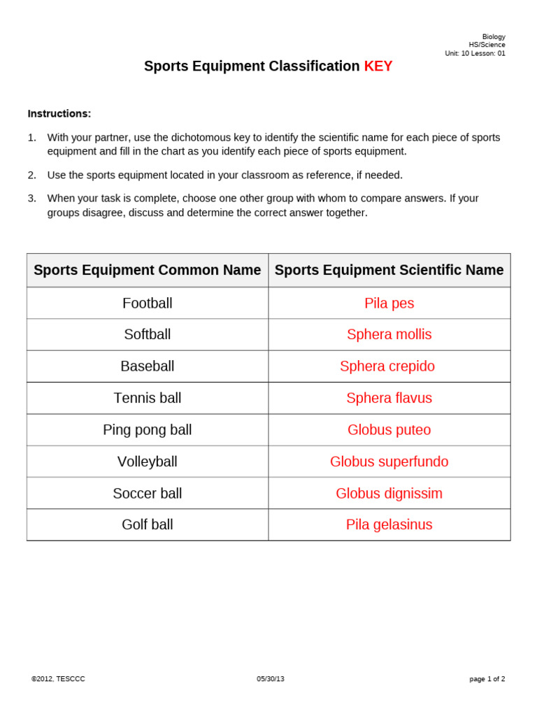 Sports Equipment Classification Key | PDF | Science