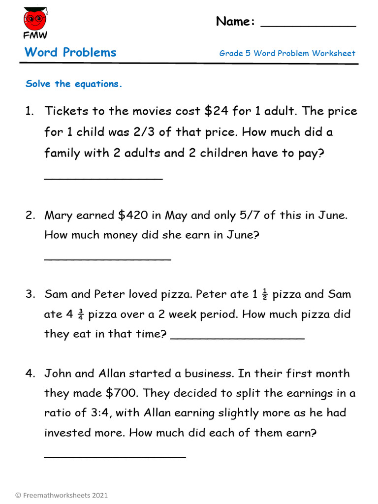 5th Grade Word Problems Worksheet | PDF