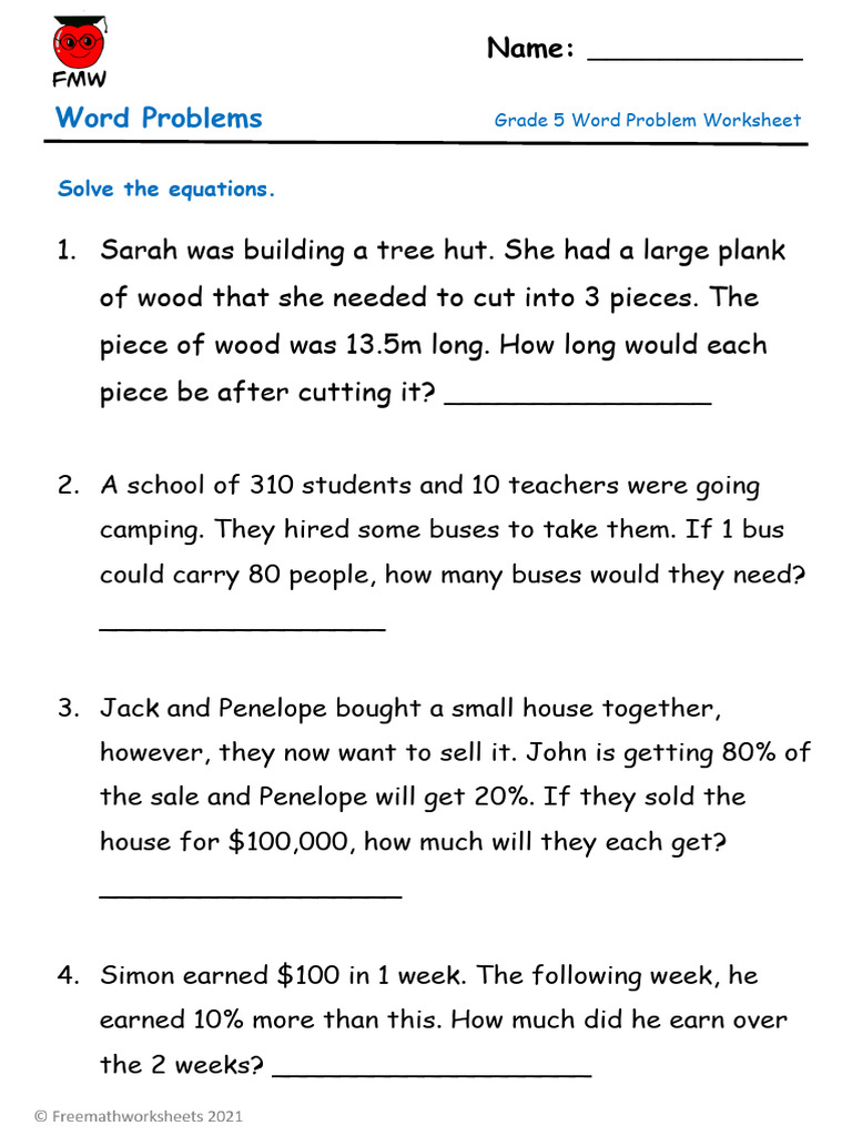 Grade 5 Word Problems Worksheet 5 | PDF | Home & Garden