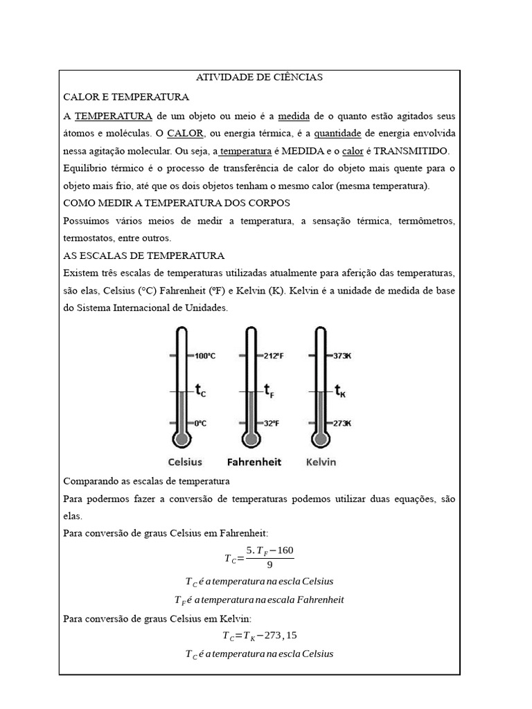7º Ano Atividades Calor e Temperatura | PDF | Temperatura | Calor